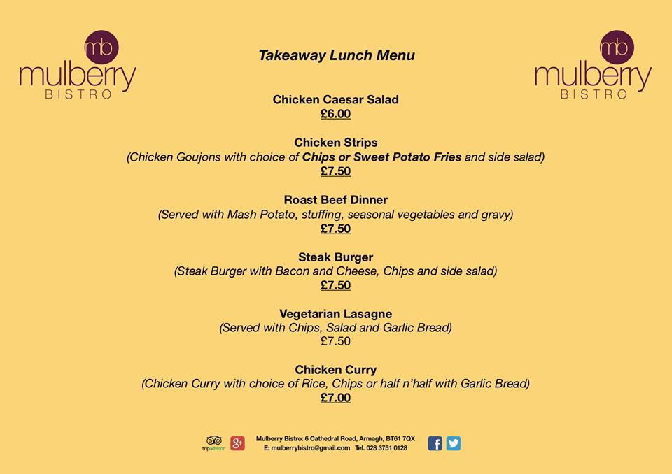 Menu at Mulberry Bistro restaurant, Armagh