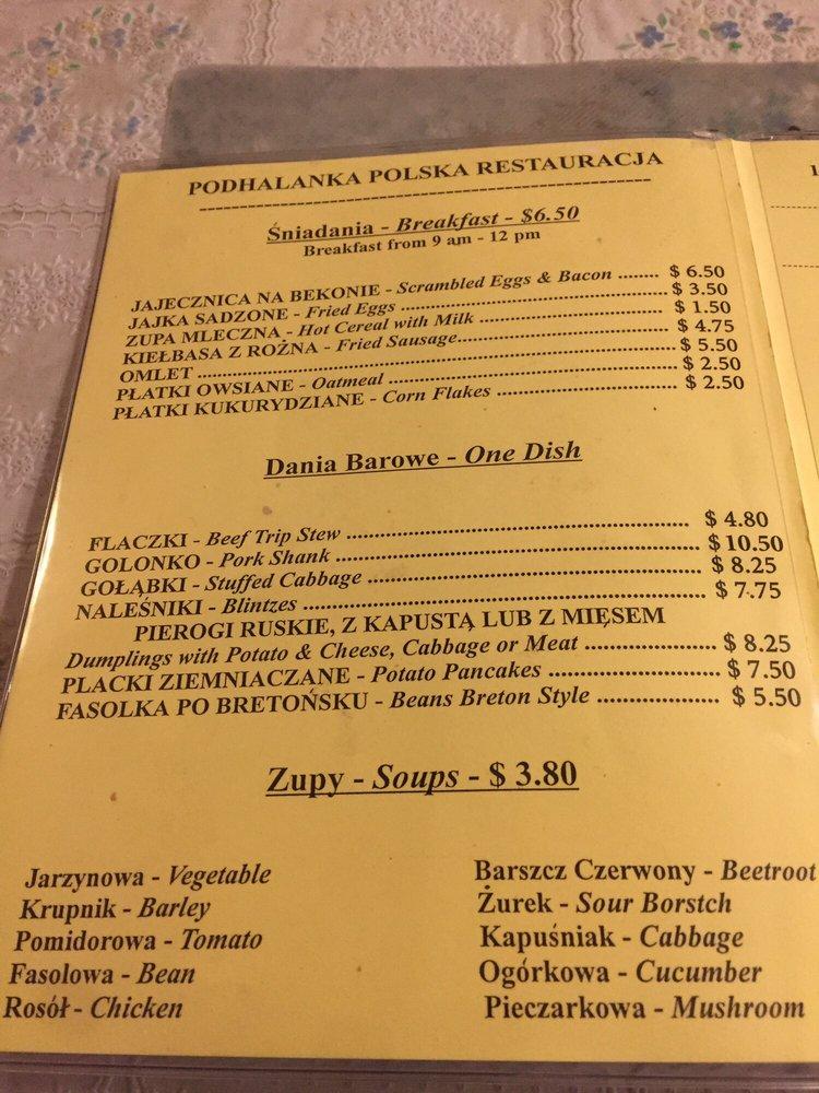 Menu at Podhalanka restaurant, Chicago