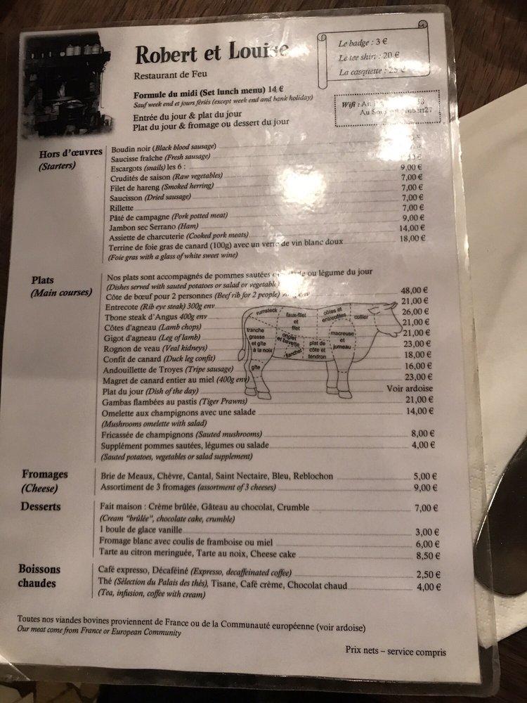Menu at Robert et Louise steakhouse, Paris