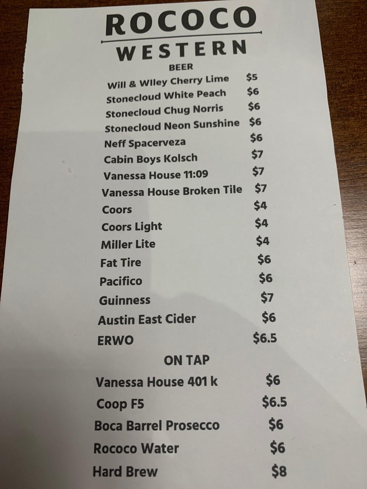Menu at Rococo on Western restaurant, Oklahoma City, N Western Ave
