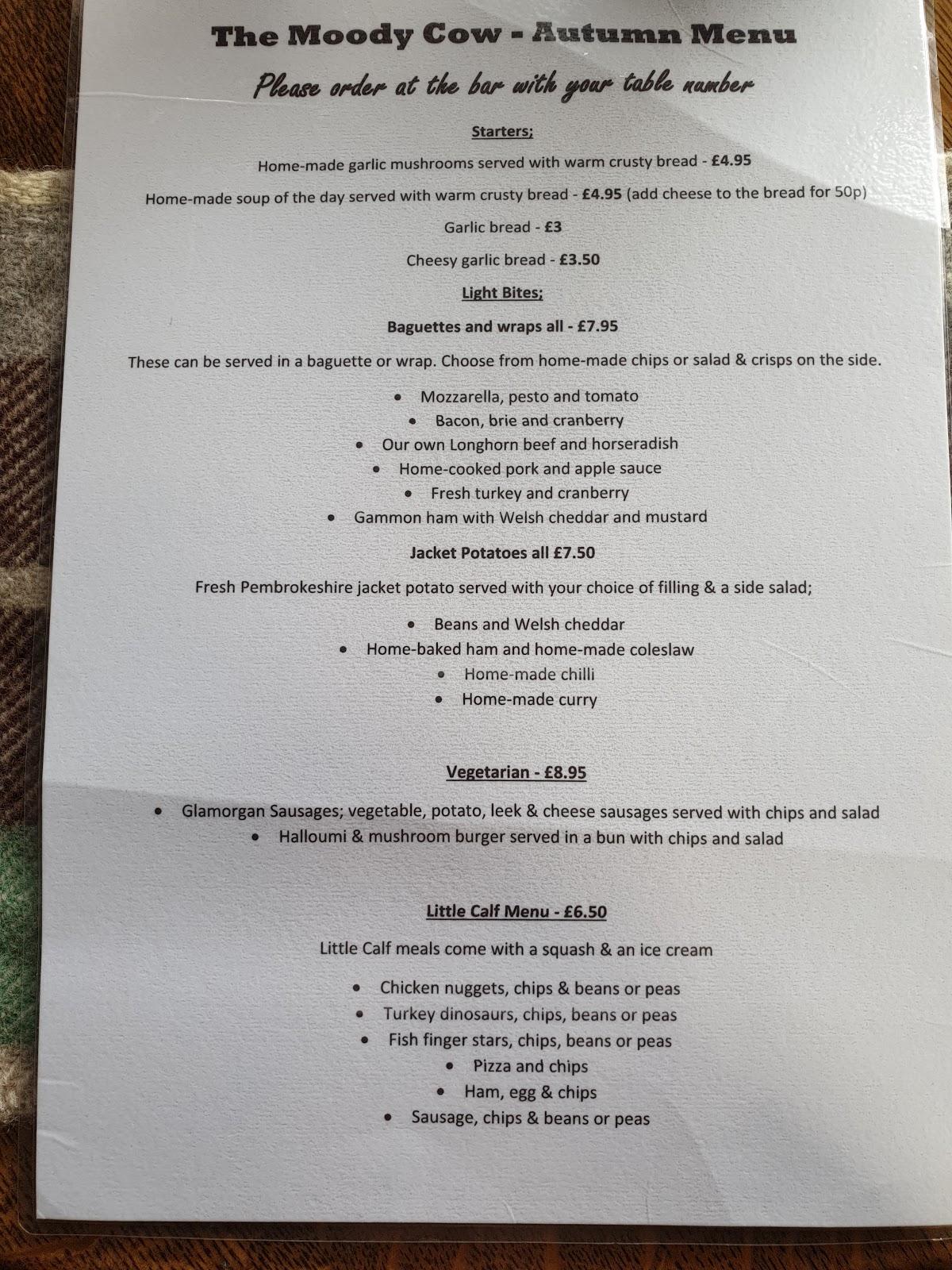Menu at The Moody Cow Farm Shop & Welsh Bistro restaurant, Aberaeron ...