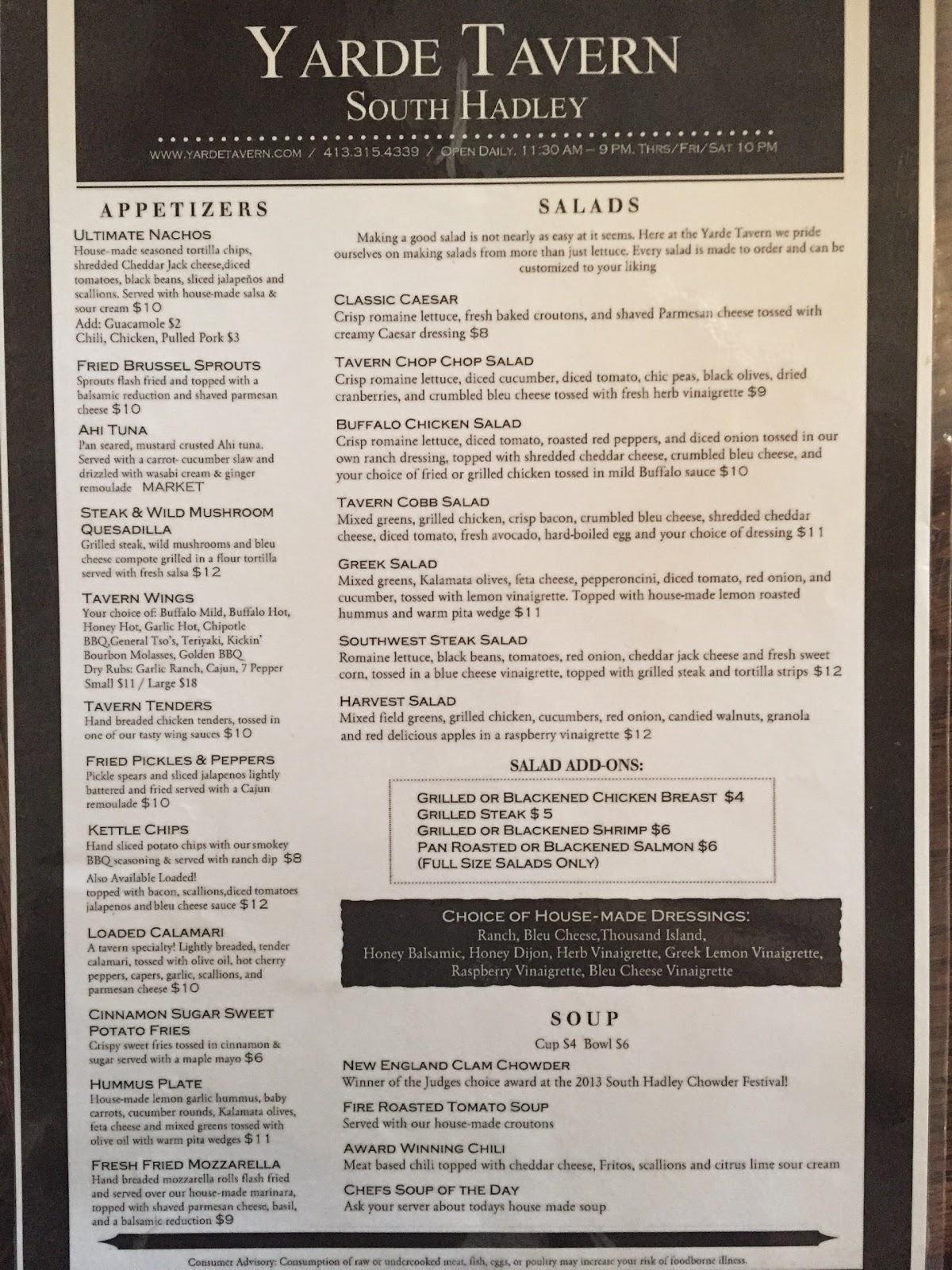 Menu at The Yarde Tavern South Hadley restaurant, South Hadley