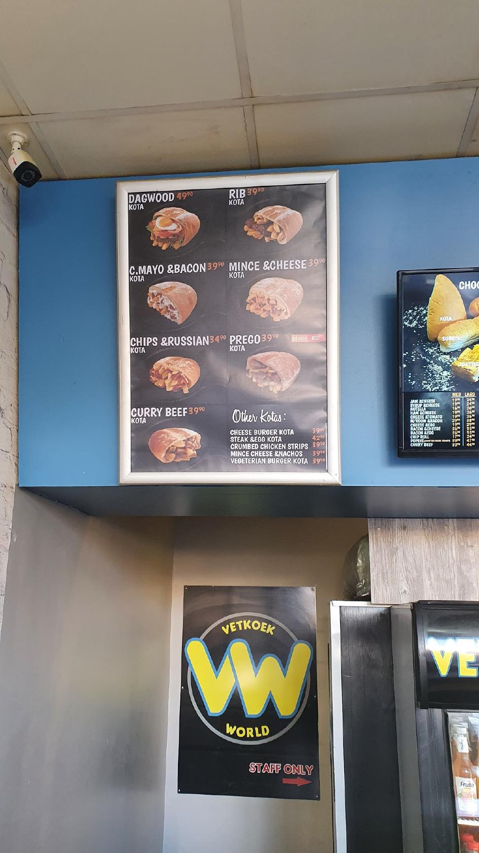 Menu at Vetkoek World restaurant, Roodepoort, 52 Sonop St