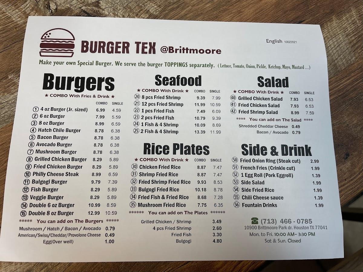 Menu at Burger Tex @ Brittmoore restaurant, Houston, Brittmoore Park Dr M