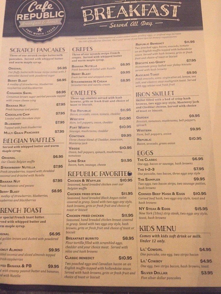 Menu at Cafe Republic, Fort Worth