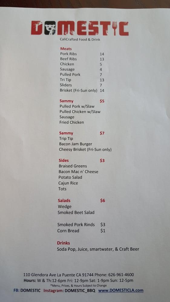 Menu at Domestic pub & bar, La Puente
