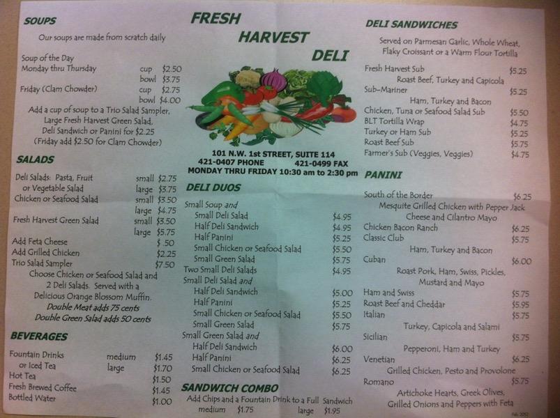 Menu at Fresh Harvest Deli restaurant, Evansville, 101 NW 1st St