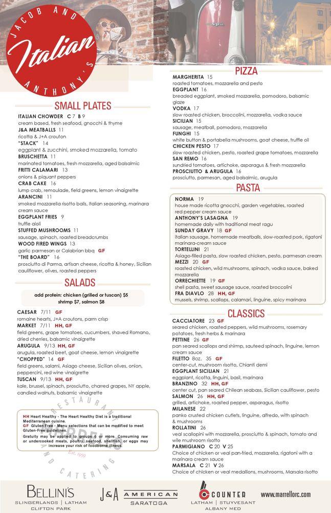 Menu at Jacob & Anthony Italian restaurant, Albany