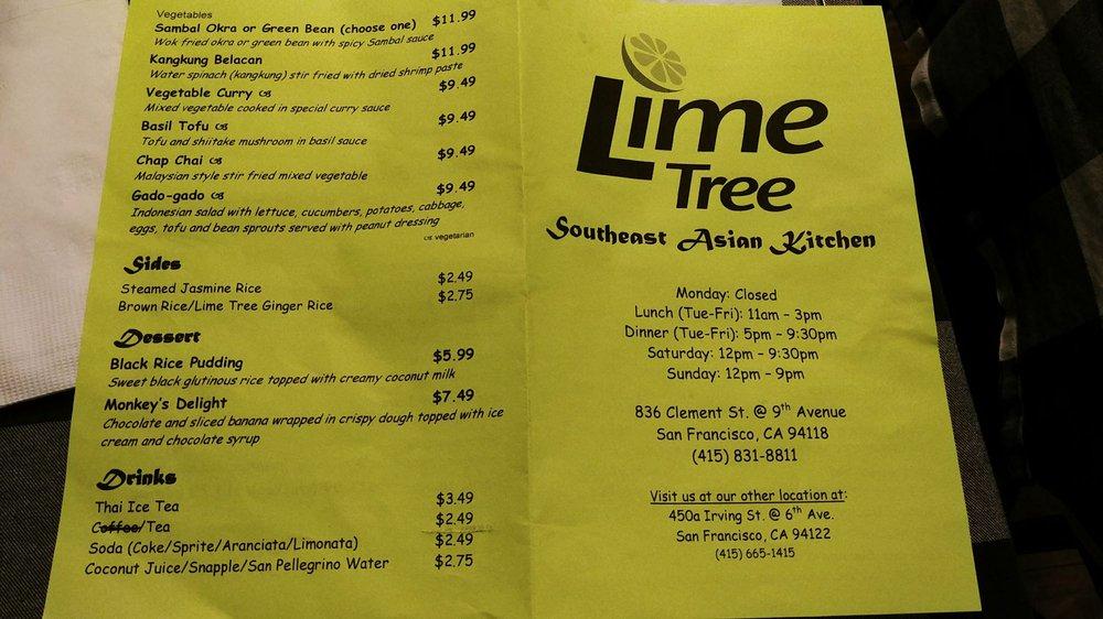 Carta del restaurante Lime tree, San Francisco, 836 Clement St