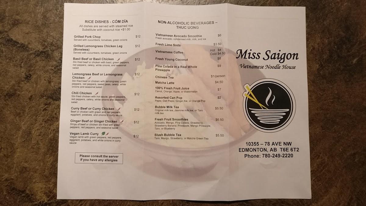 Menu at Miss Saigon Vietnamese Noodle House restaurant, Edmonton