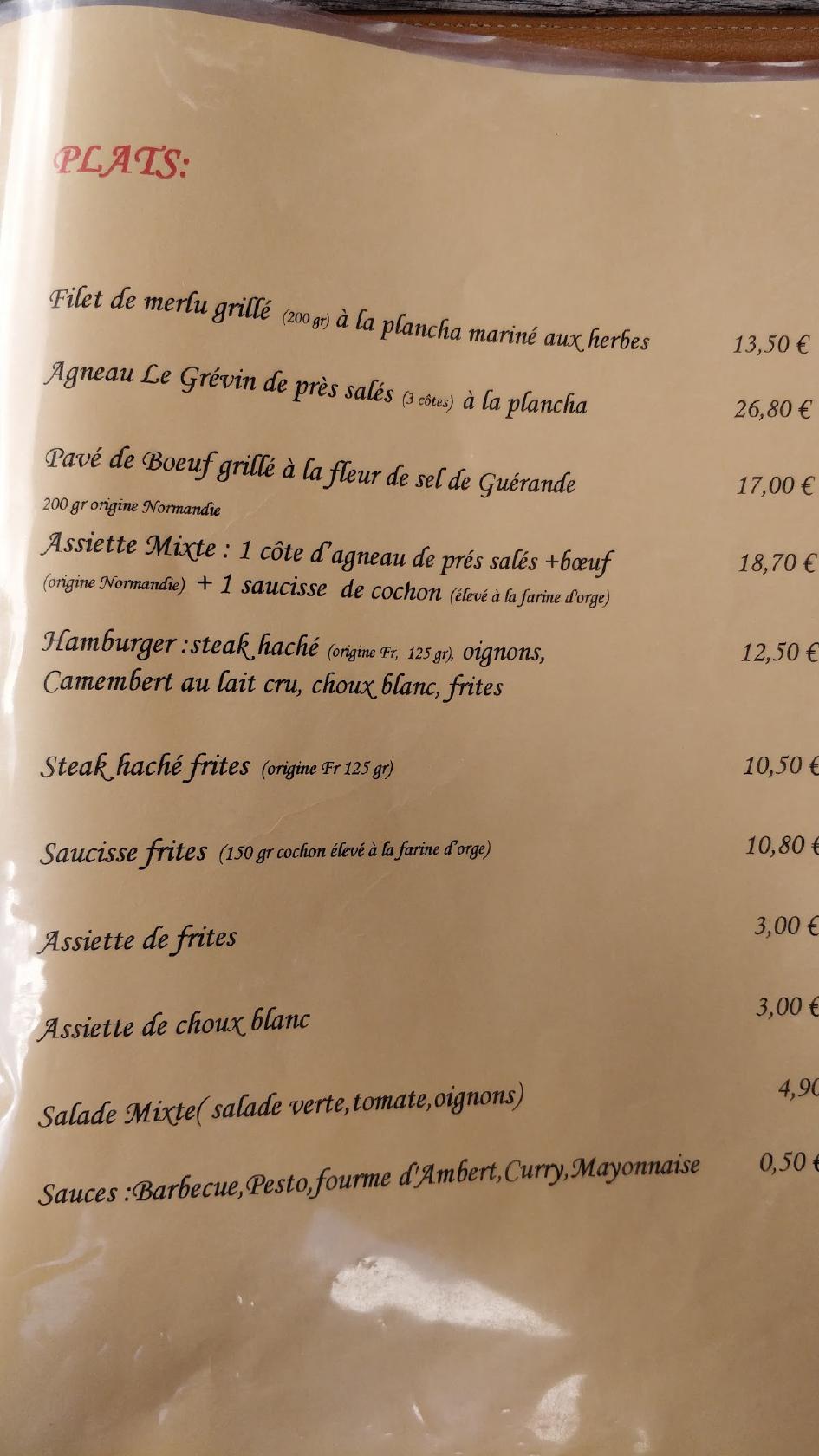 Menu au Restaurant de la Galette, Beauvoir