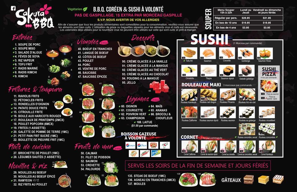 Menu au Sakura BBQ Coréen, Québec