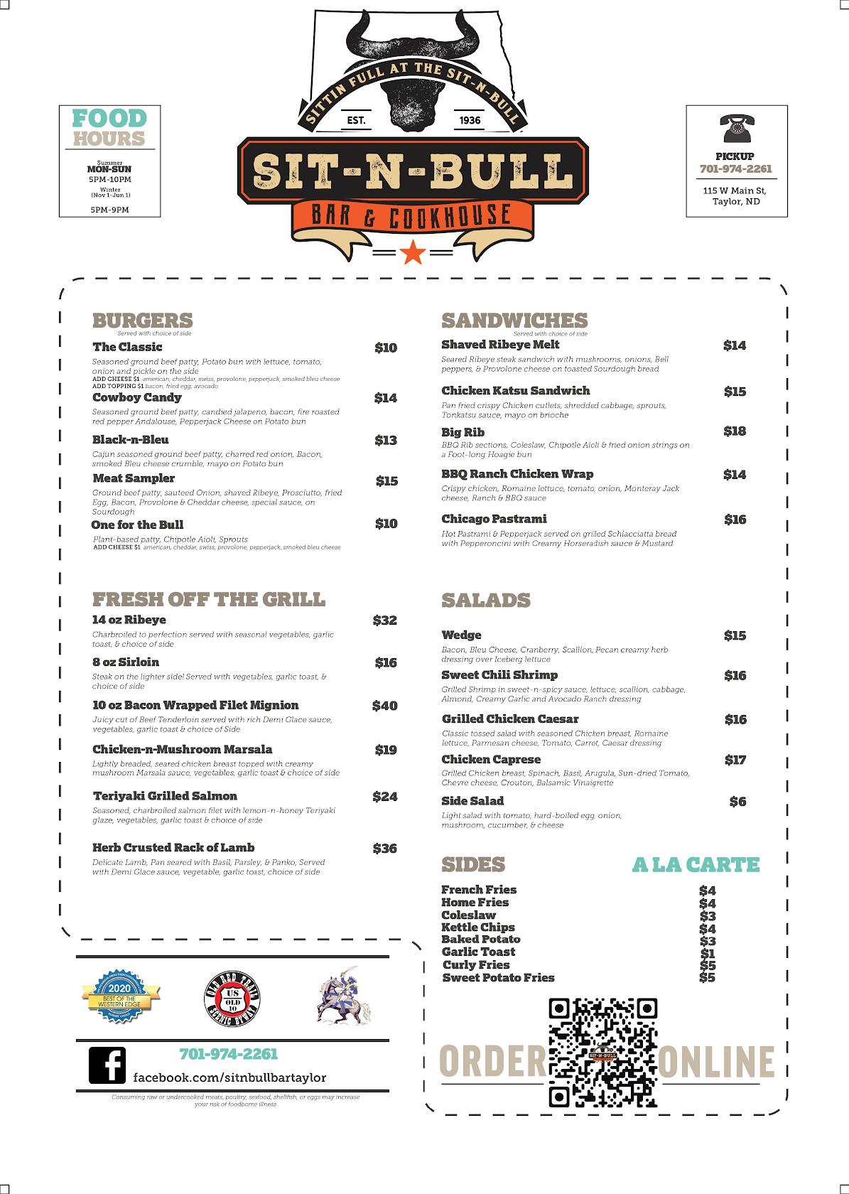 Menu at Sit-N-Bull Bar, Taylor
