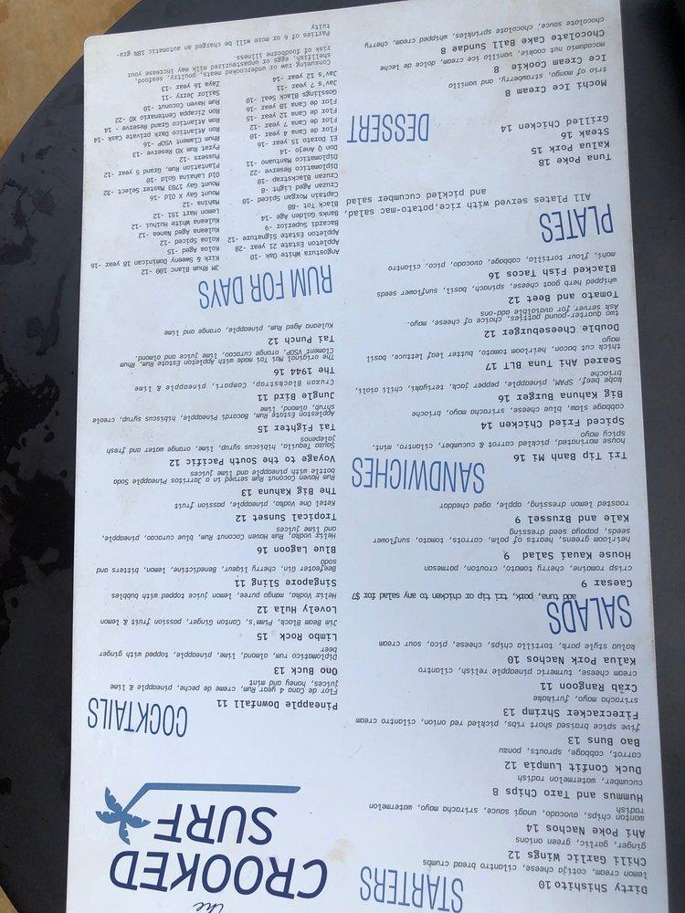 Menu at The Crooked Surf pub & bar, Kapaa