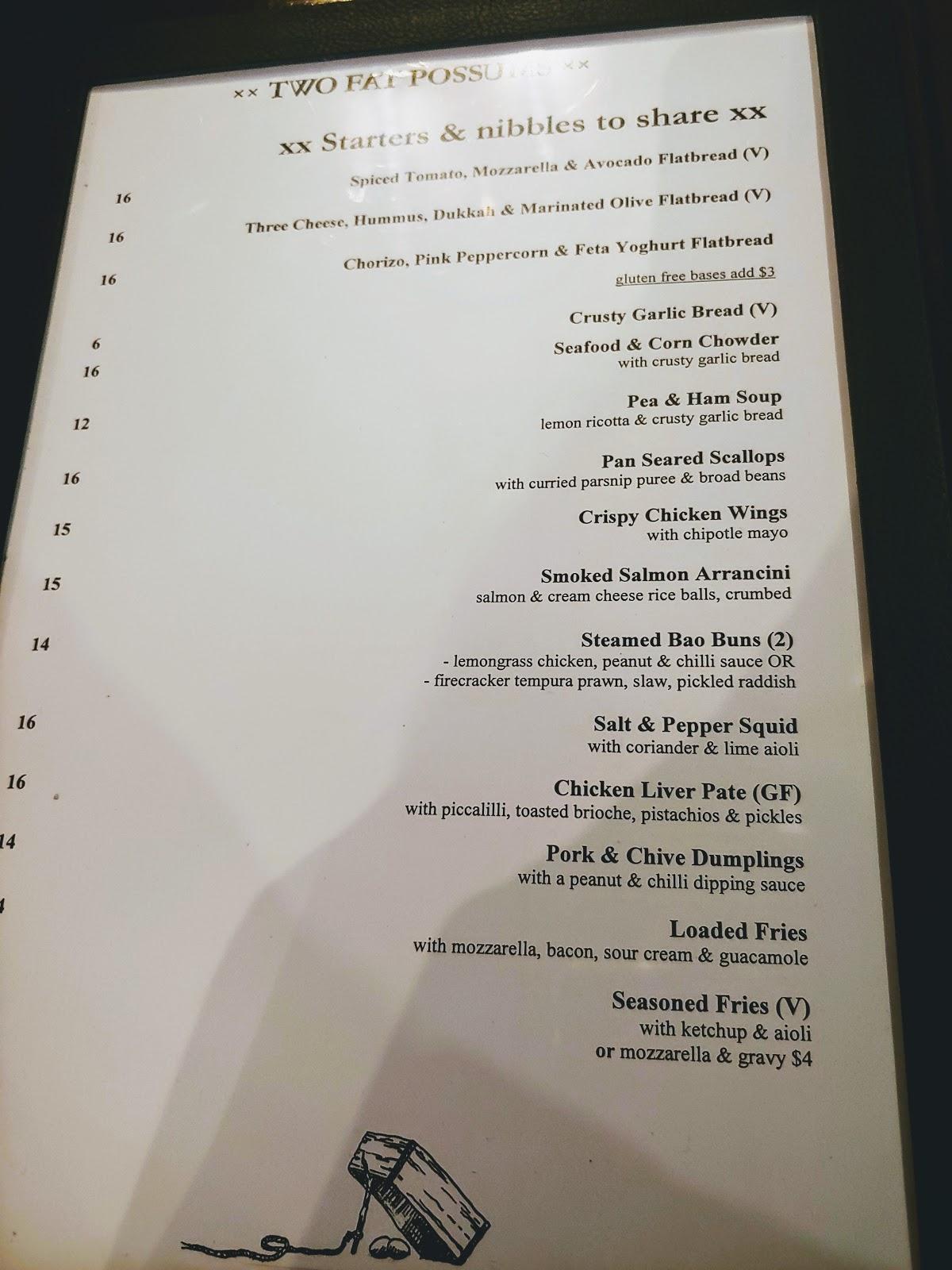 Menu at Two Fat Possums restaurant, West Melton