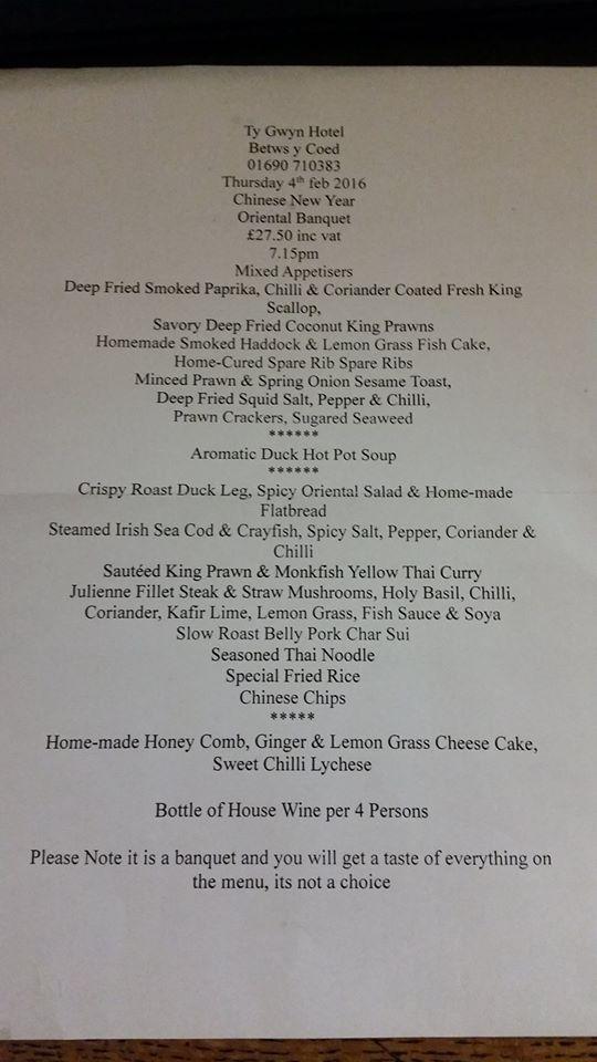 Menu at Ty Gwyn Hotel pub & bar, Betws-y-Coed