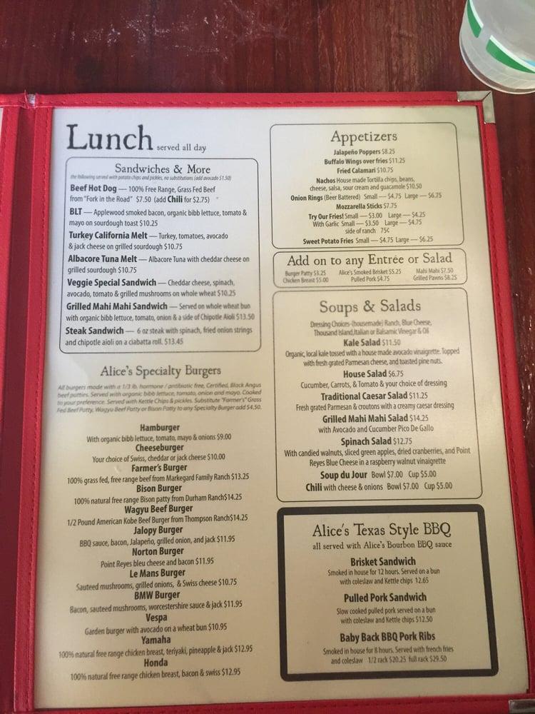 Menu at Alice's Restaurant, Woodside, Skyline Blvd