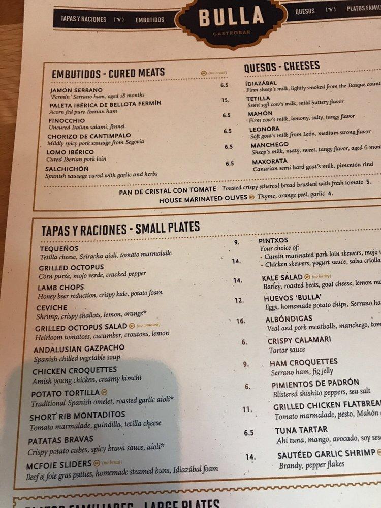 Menu at Bulla Gastrobar, Atlanta