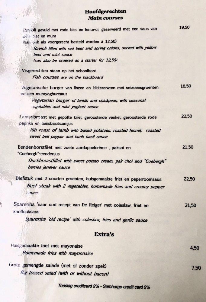 Menu at Café Restaurant De Reiger, Amsterdam