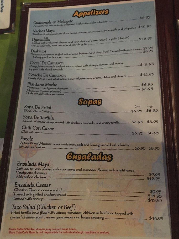 Menu at Maya Cafe, Fishkill
