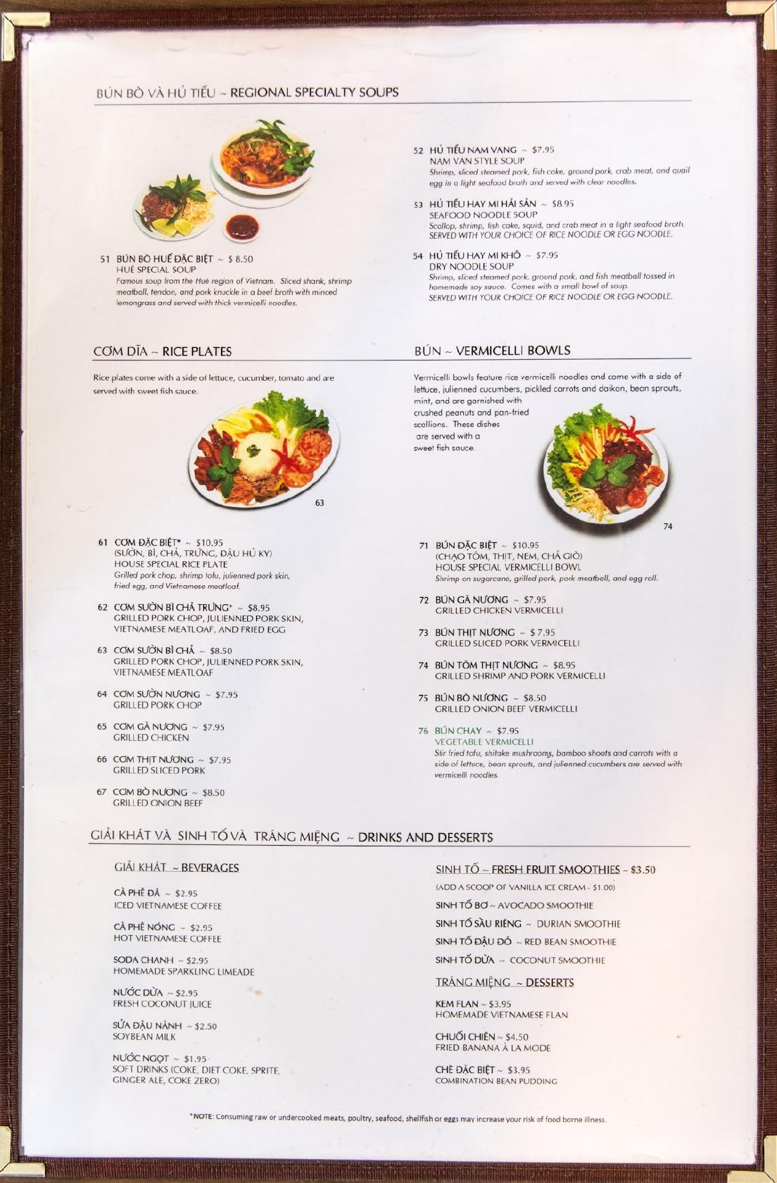 Menu at Pho Linh restaurant, Quincy