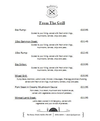 Menu at Roberts at Feltwell Golf Club, Feltwell