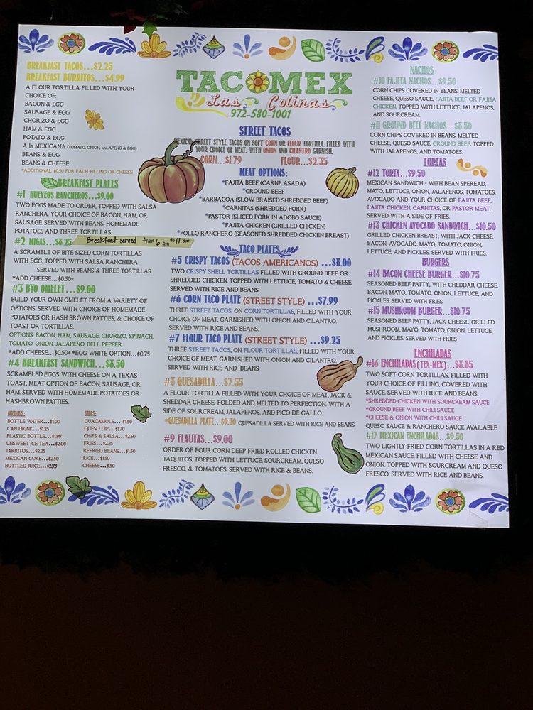 Menu at Tacomex Las Colinas restaurant, Irving