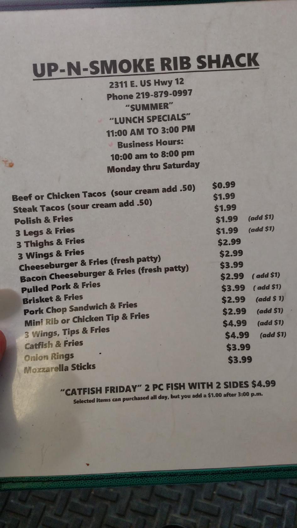 Menu at Up N Smoke Rib Shack BBQ, Michigan City, E US Highway 12
