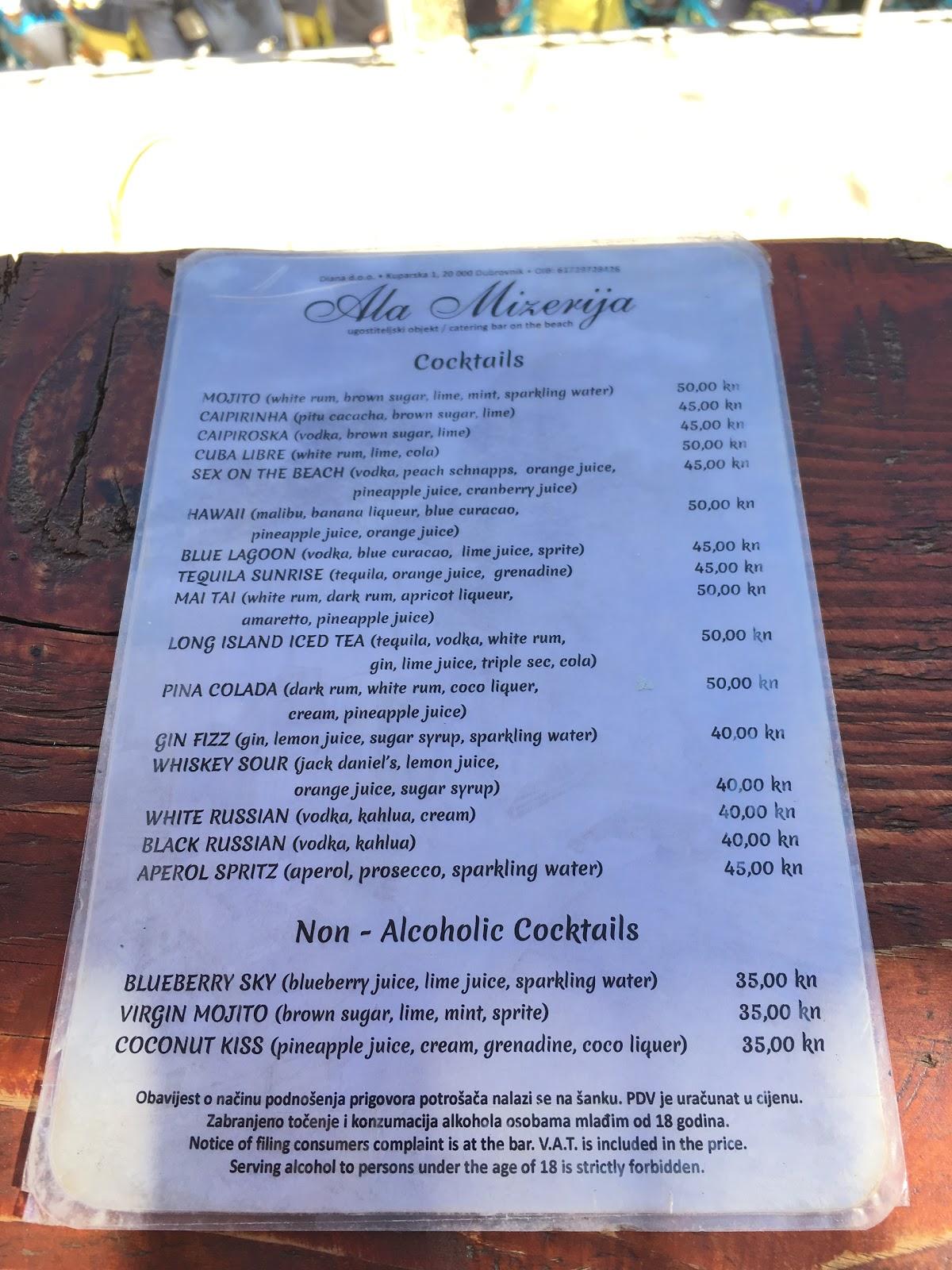 Menu at Ala Mizerija pub & bar, Dubrovnik
