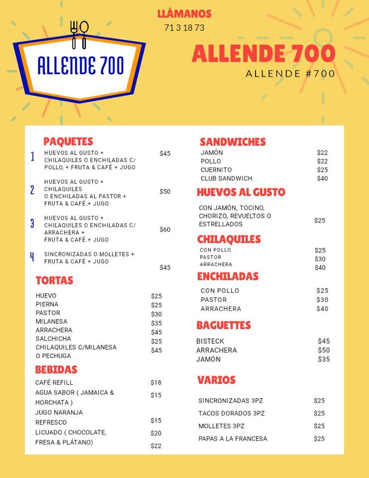 Menu at Allende 700 restaurant, Pachuca