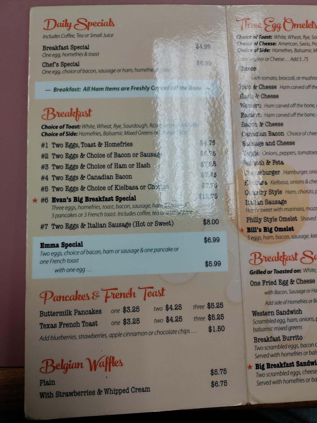 Menu at Evan's Egg House restaurant, Ludlow