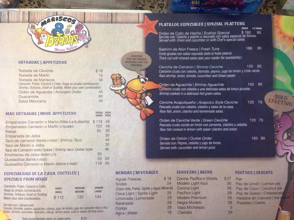Menu at Mariscos 8 Tostadas restaurant, Puerto Vallarta, Quilla s/n ...