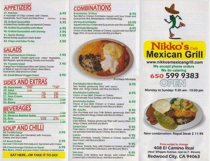Menu at Nikko's Mexican Grill restaurant, Redwood City