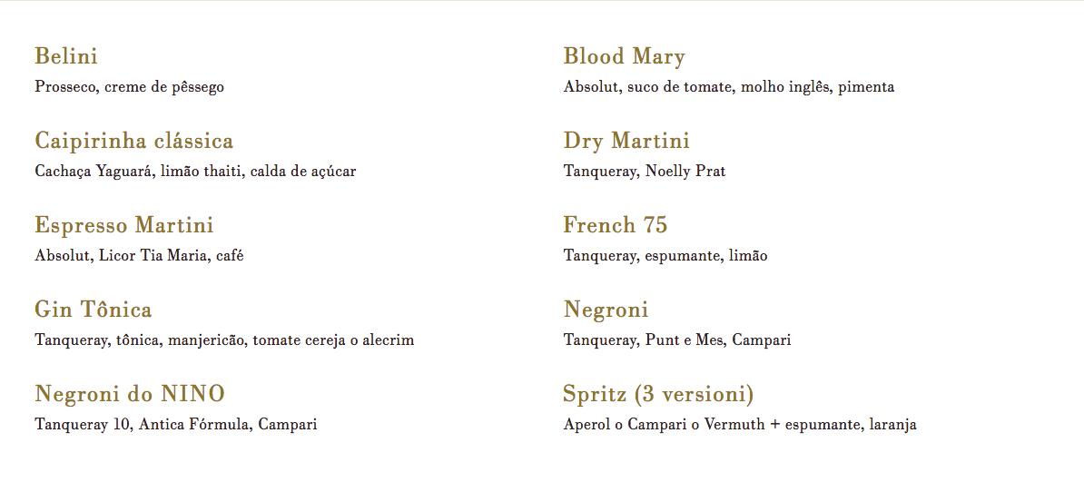 Menu at Nino Cucina restaurant, São Paulo, R. Jerônimo da Veiga
