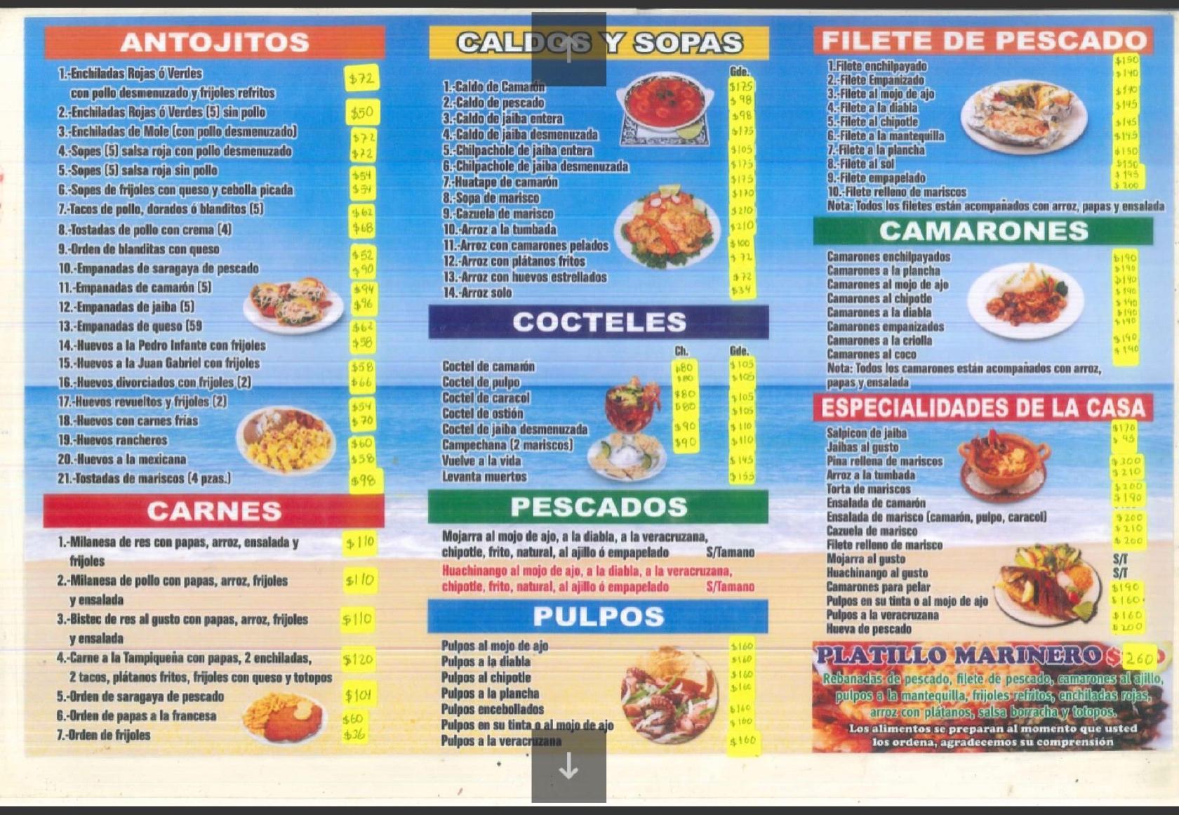 Menu at Restaurant El Camarón Desvelado, Tecolutla