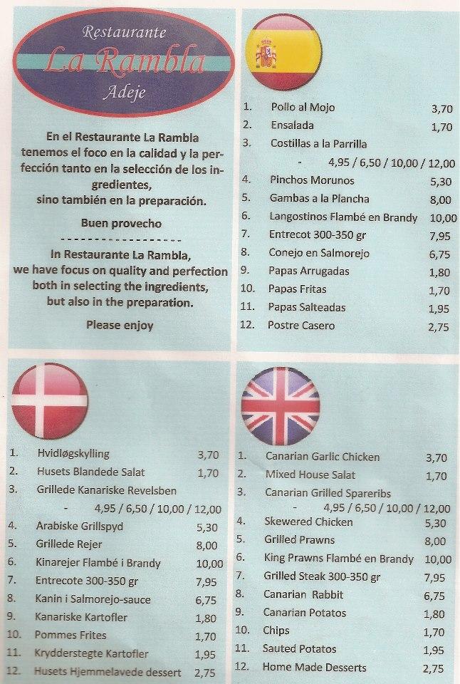 Menu at Restaurante la Rambla, Adeje