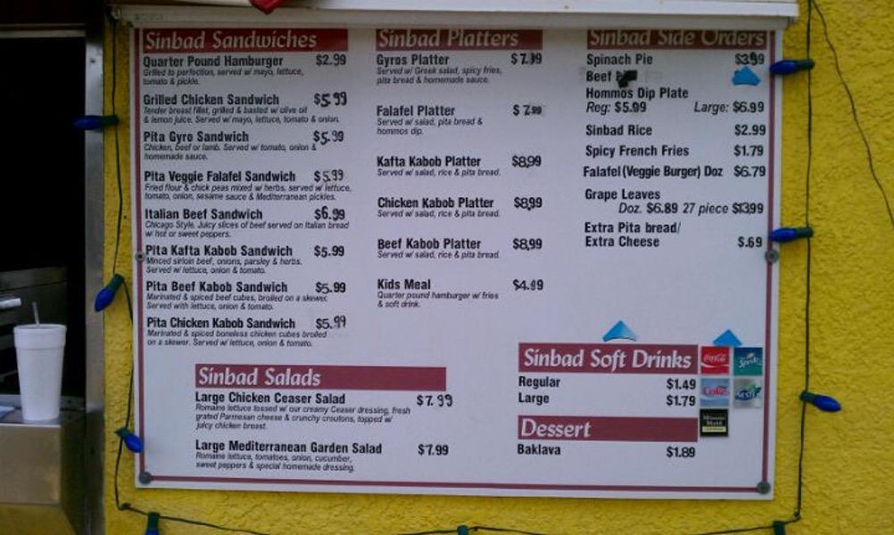 Menu at Sinbad's Fast Food, Merritt Island