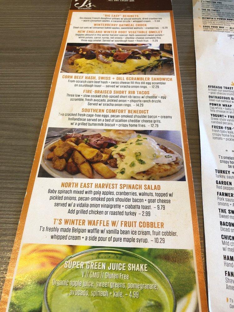 Menu at T's Restaurant Cranston, Cranston, Park Ave