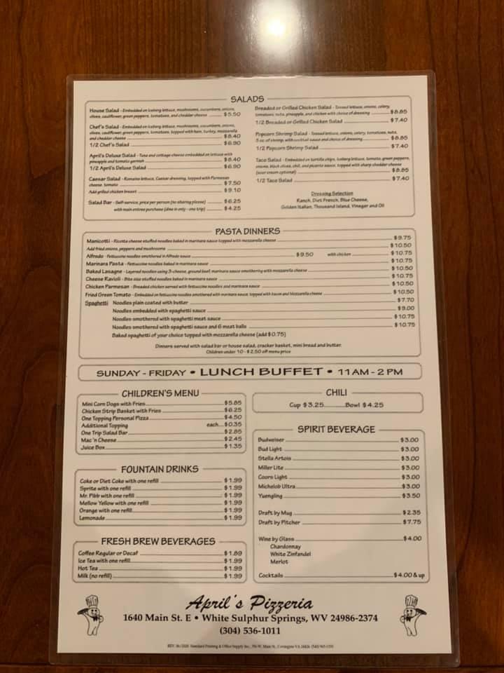 Menu at April's Pizzeria, White Sulphur Springs, 705 Main St E