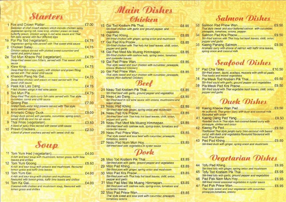 Menu at The Fox & Crown pub & bar, Nottingham, 33 Church St