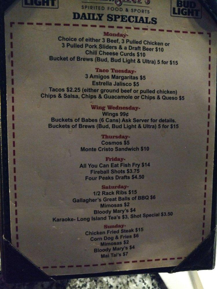 Menu at Gallagher's Sports Grill pub & bar, Phoenix, N 16th St