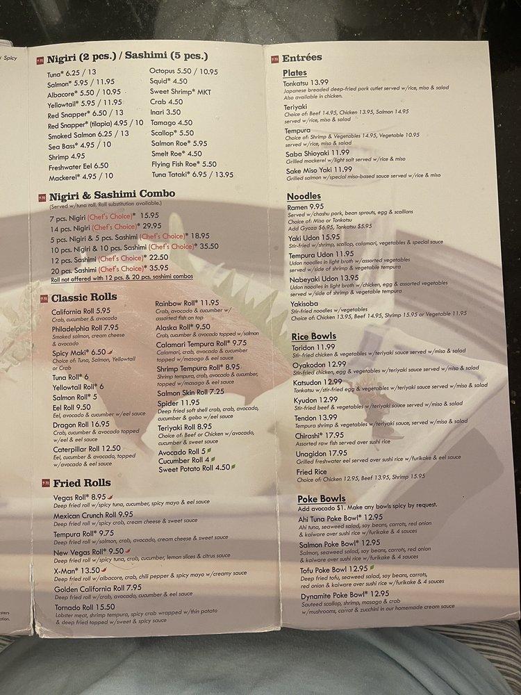 Menu at Osaka restaurant, Tooele