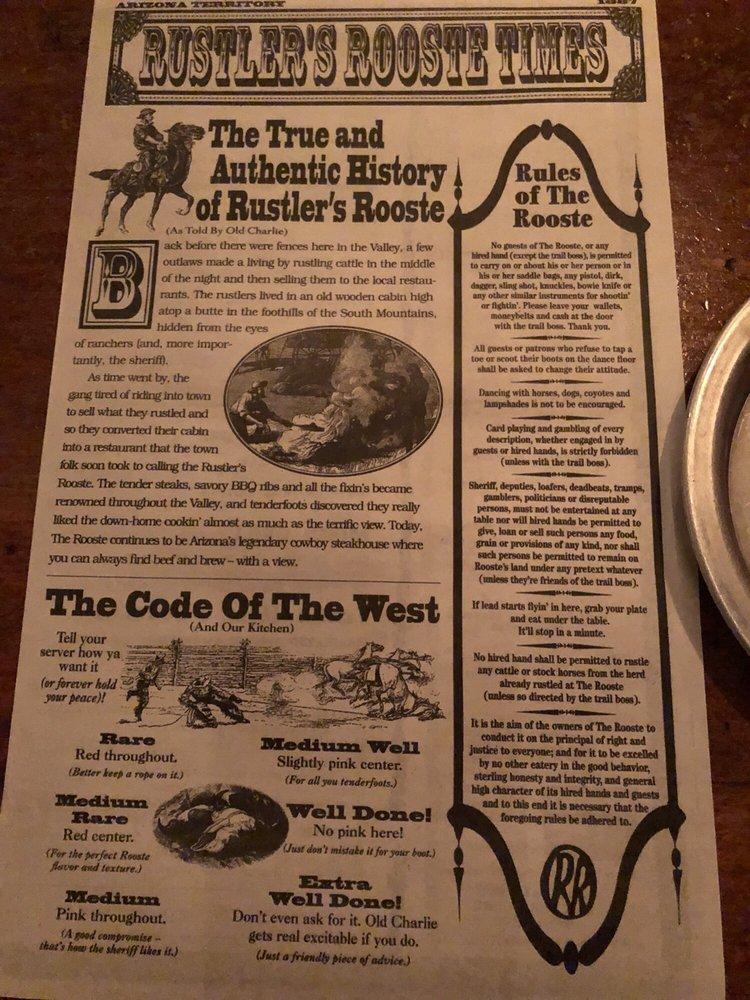 Menu at Rustler’s Rooste steakhouse, Phoenix