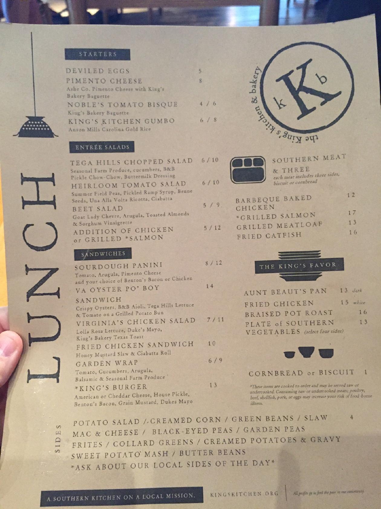 Menu at The King's Kitchen restaurant, Charlotte