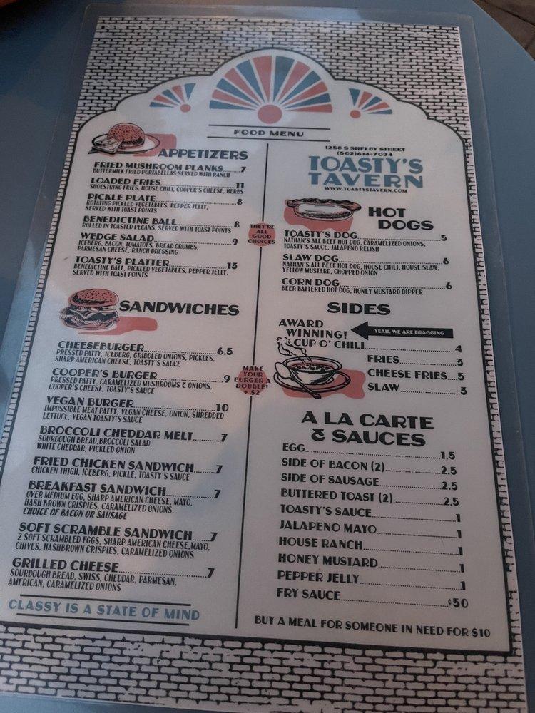 Menu at Toasty's Tavern pub & bar, Louisville
