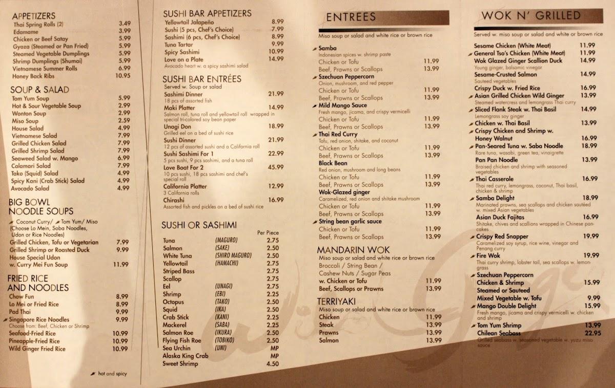 Menu at Wild Ginger restaurant, Hilliard