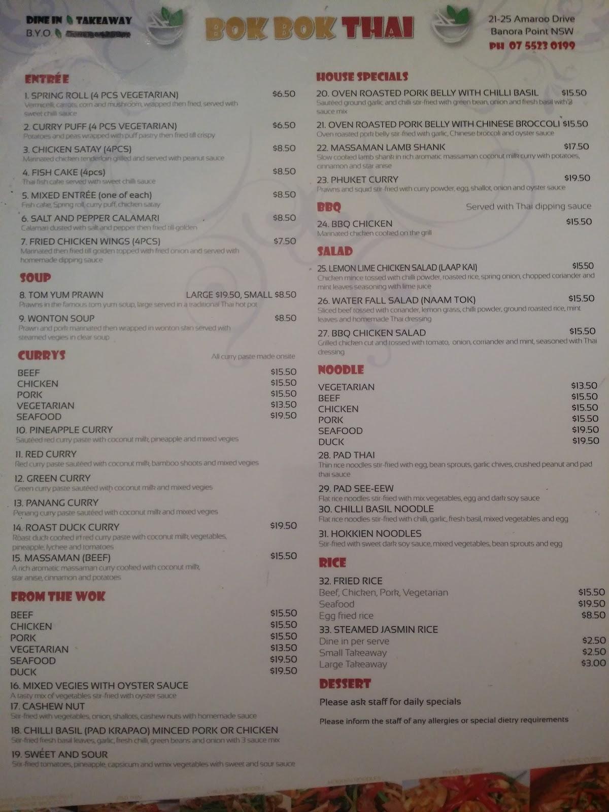 Menu at Bok Bok Thai pub & bar, Tweed Heads West