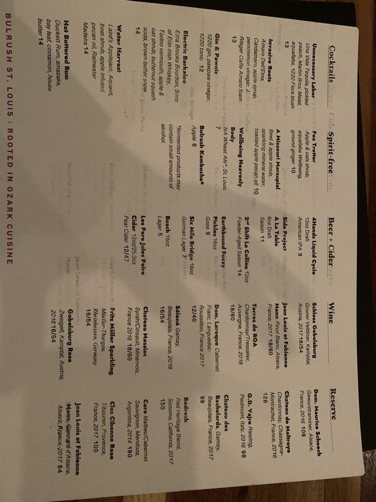 Menu at Bulrush StL Restaurant, St. Louis