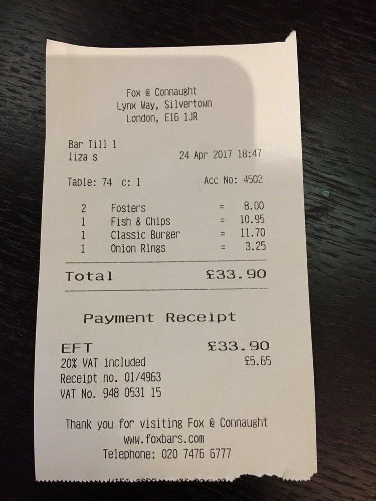Menu at Fox Connaught pub & bar, London, Lynx Way