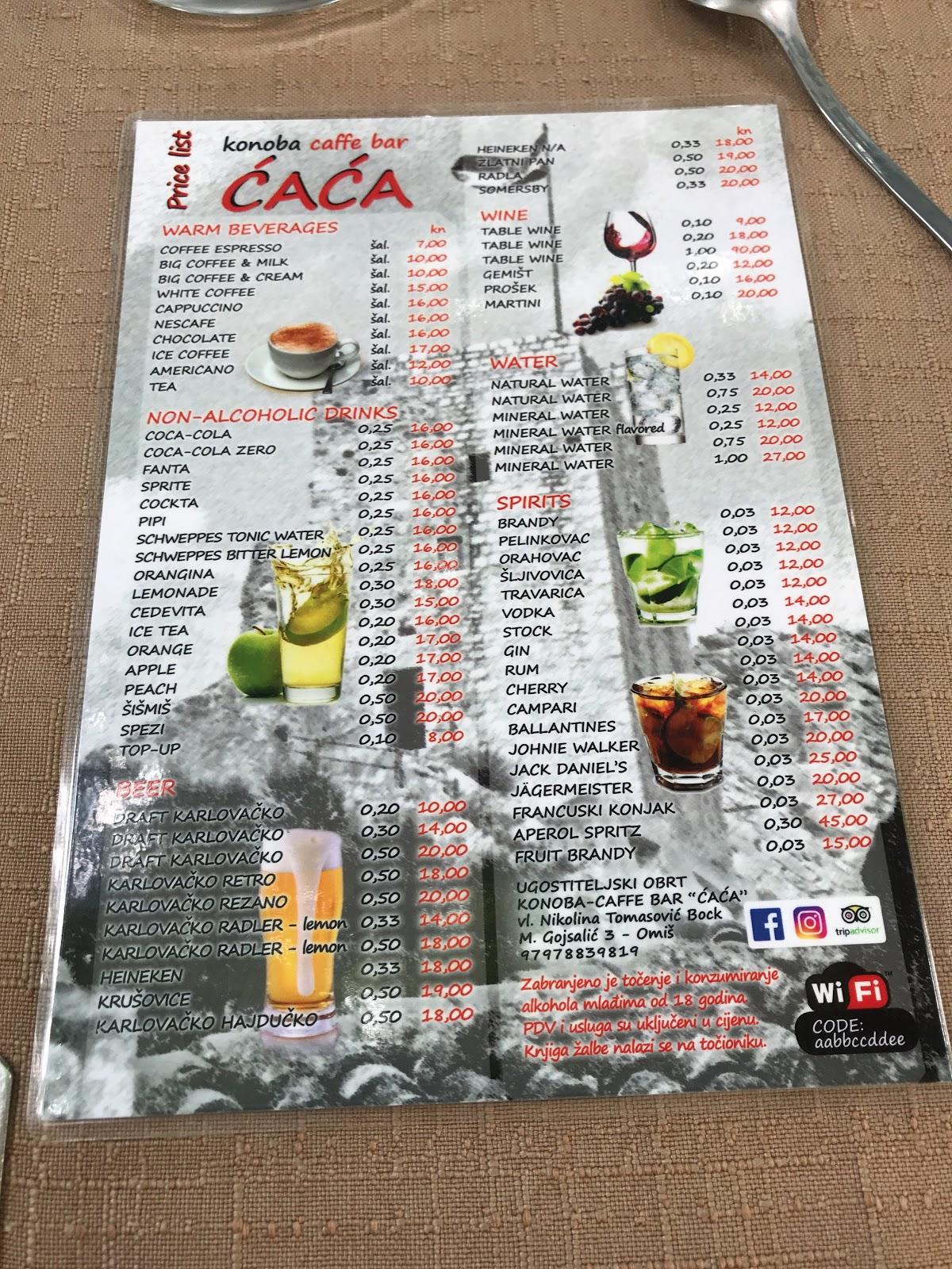 Menu at Konoba Restoran Ćaća restaurant, Omiš